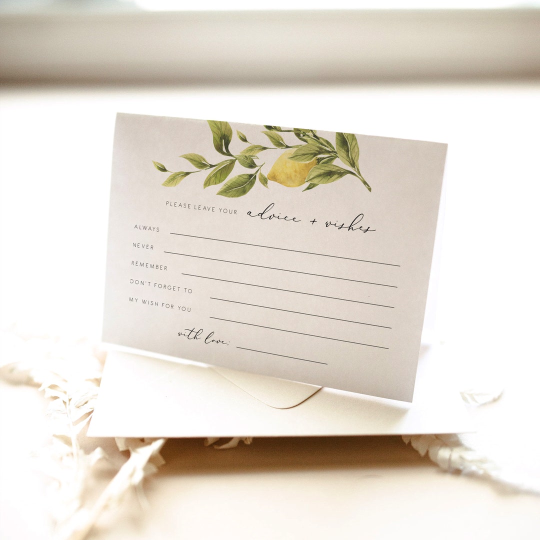 Yellow Lemon Bridal Shower Advice Card Template, Summer Advice for the ...