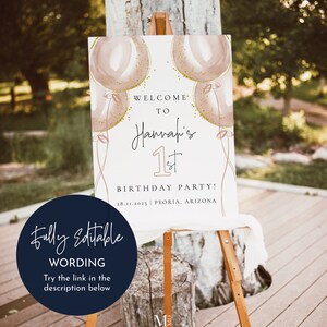 Pink Balloon First Birthday Welcome Sign, Delicate Girl 1st Welcome ...