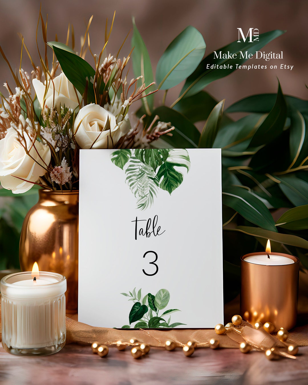 Tropical Table Number Printable, Beach Wedding Table Sign Palm Leaf ...