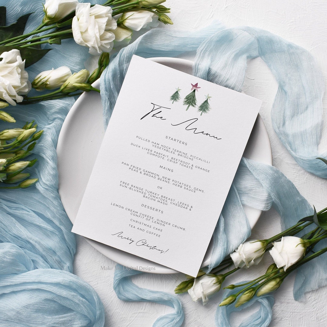 Christmas Dinner Menu Card, Printable Festive Menu Card Christmas Tree ...