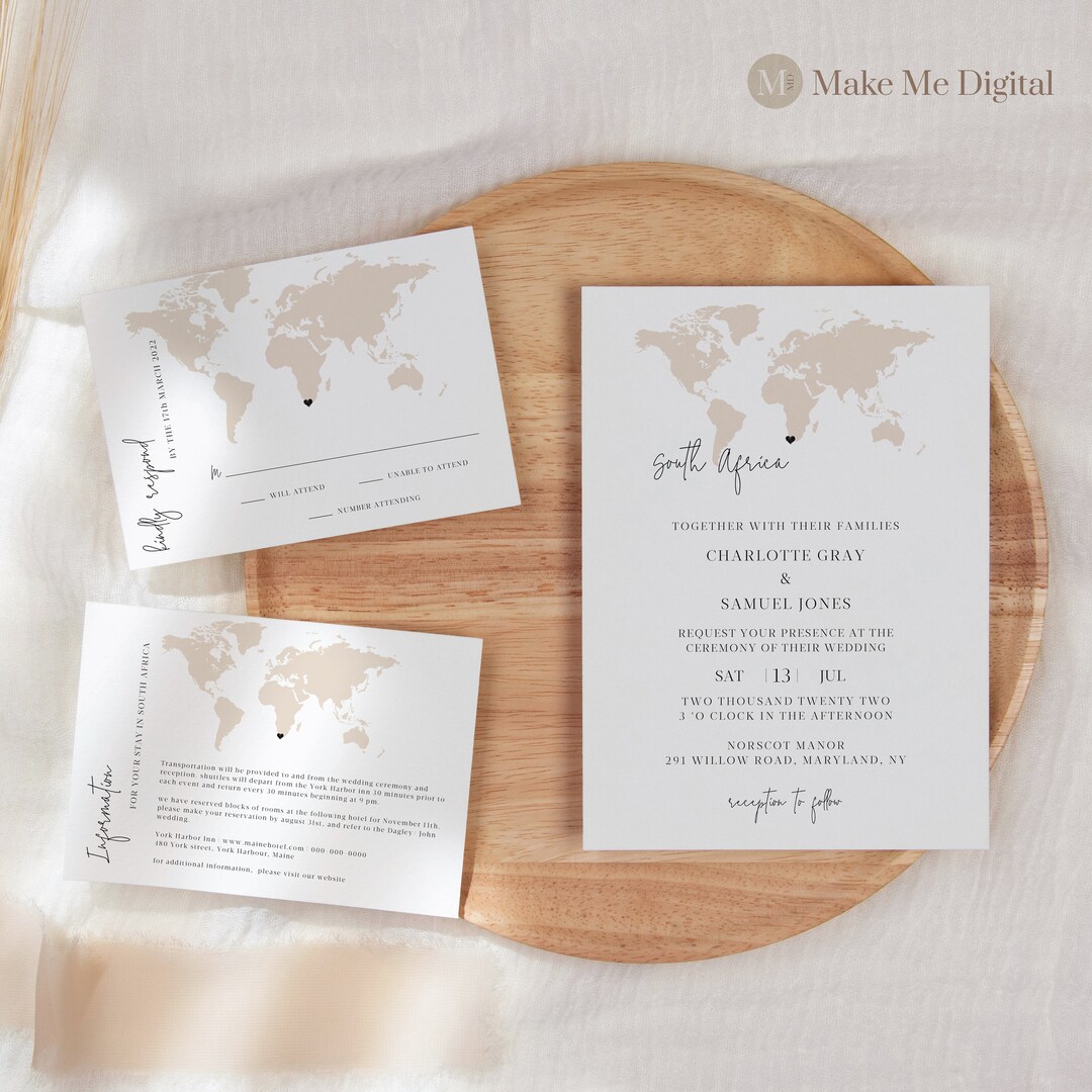 World Map Destination Wedding Invitation, Rustic Wedding Invitation ...