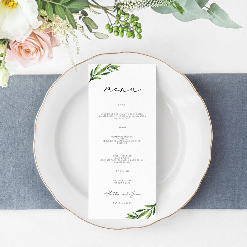 Greenery Wedding Menu, Menu Template, Green Leaf Printable Wedding Menu ...