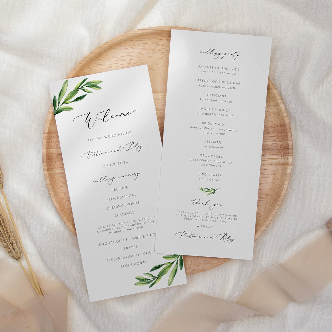 Greenery Wedding Ceremony Program Template Printable Green Leaf Wedding ...