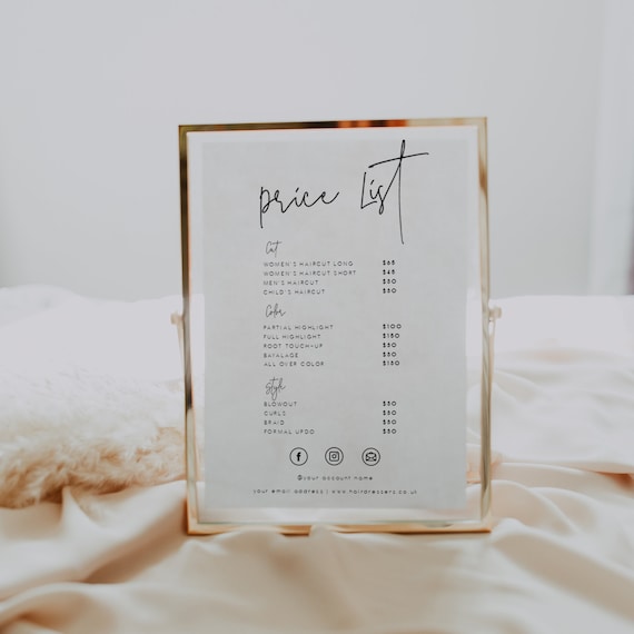 Modern Calligraphy Price List Sign Template Small Business - Etsy