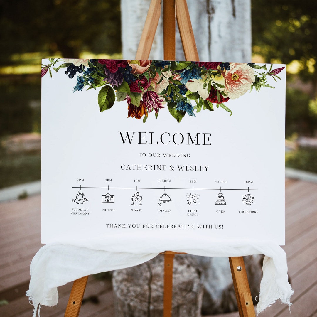 Burgundy Floral Wedding Timeline Sign Template Moody Floral Wedding ...