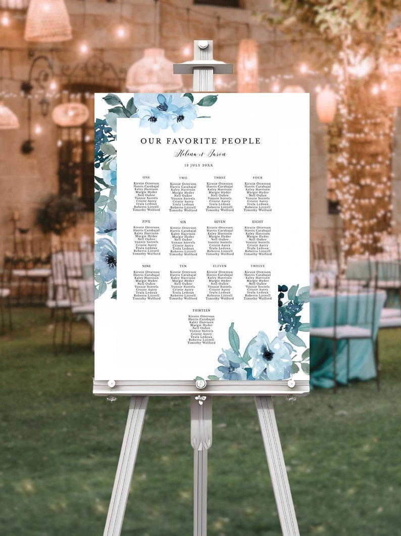 Blue Floral Seating Plan Template, Dusty Blue Wedding Seating Chart ...
