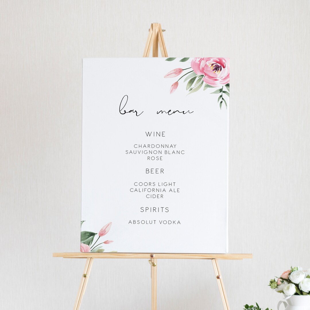 Pink Peony Wedding Bar Menu Template, Floral Drinks Menu, Peony Wedding ...