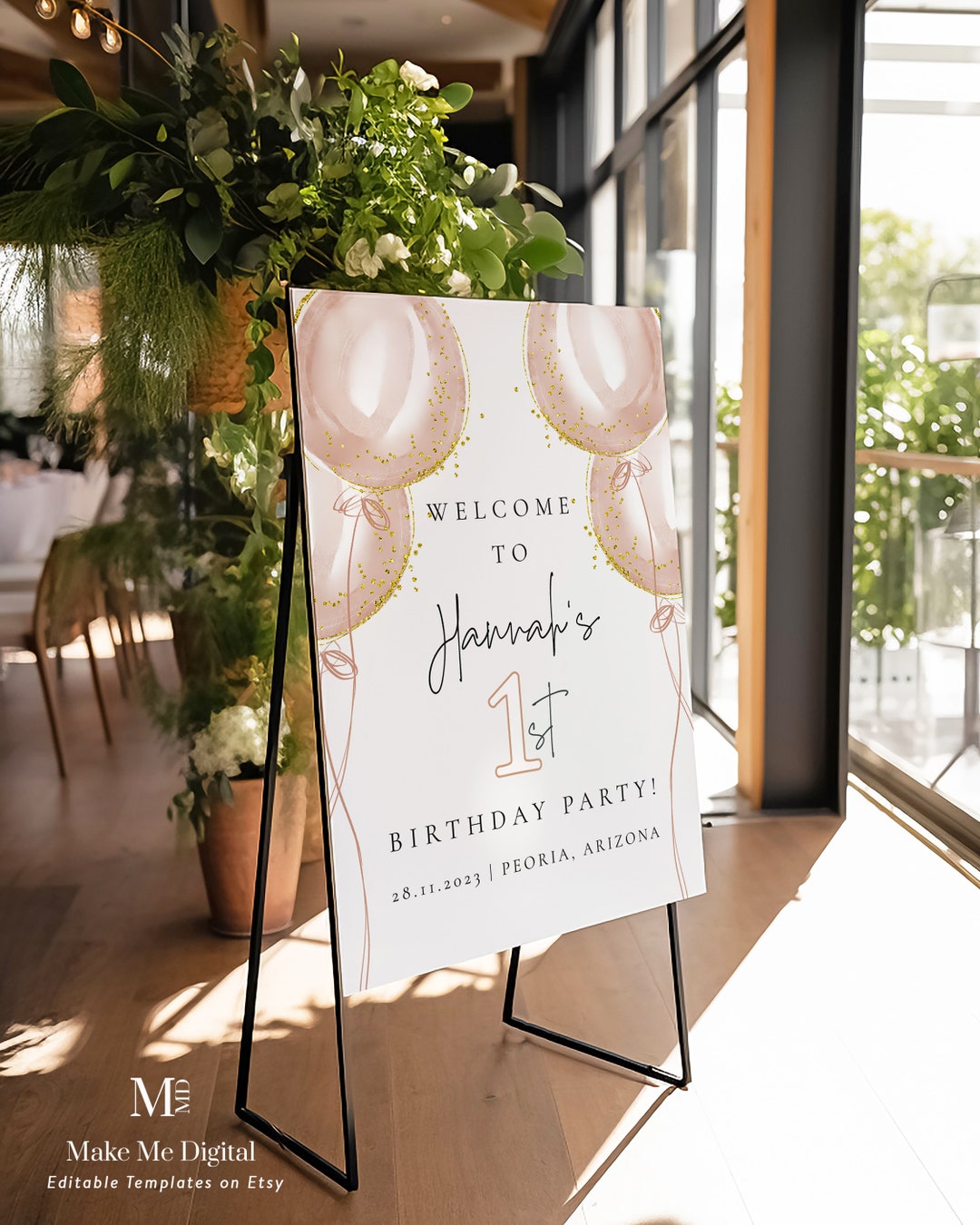Pink Balloon First Birthday Welcome Sign Delicate Birthday - Etsy