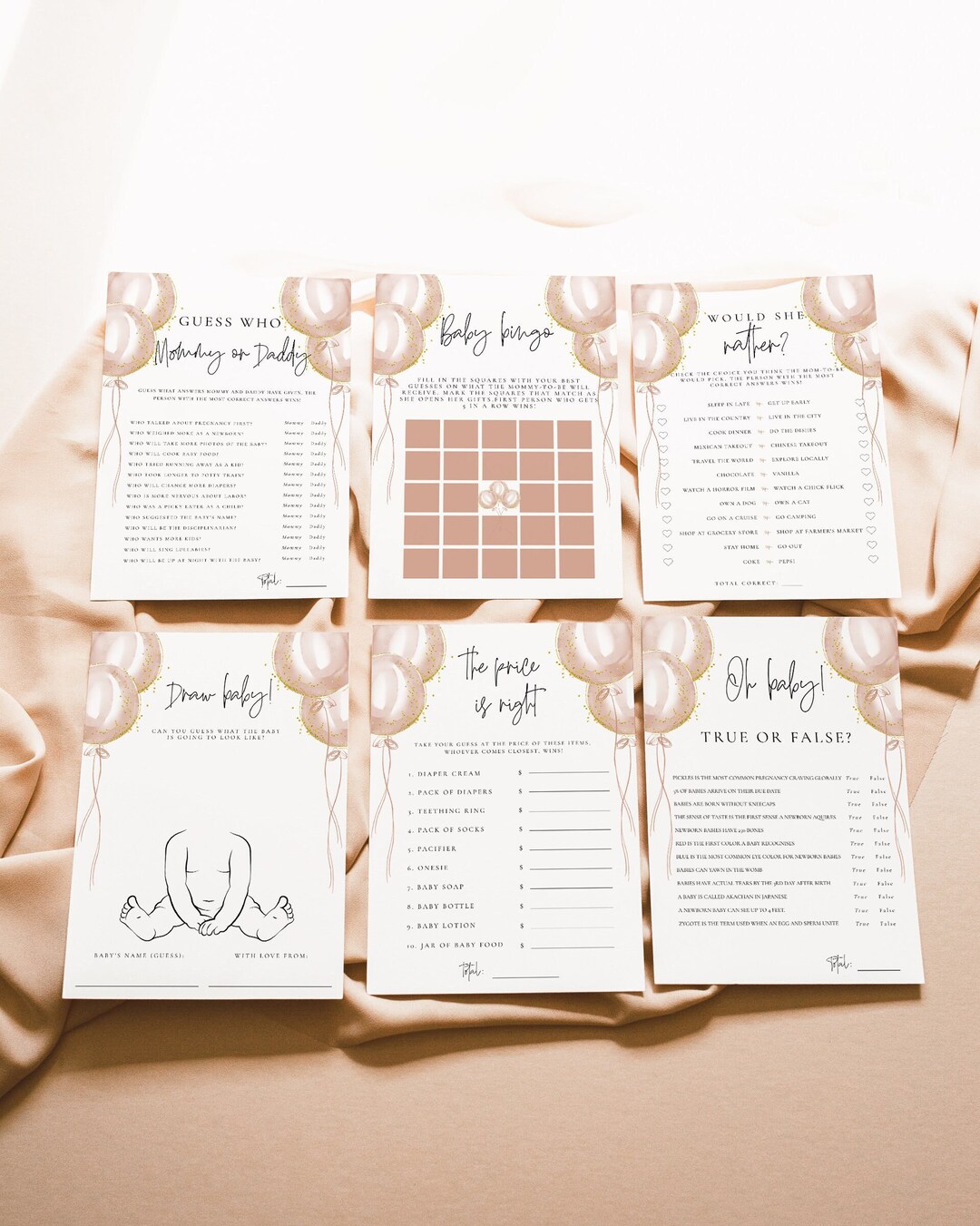 Pink Balloon Baby Shower Game Set, Delicate Blush Baby Shower Games ...