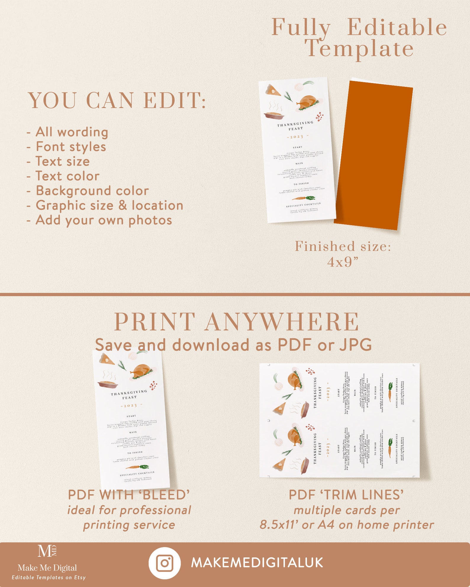 Thanksgiving Menu 2024, Printable Menu Card for Friendsgiving, Minimal ...
