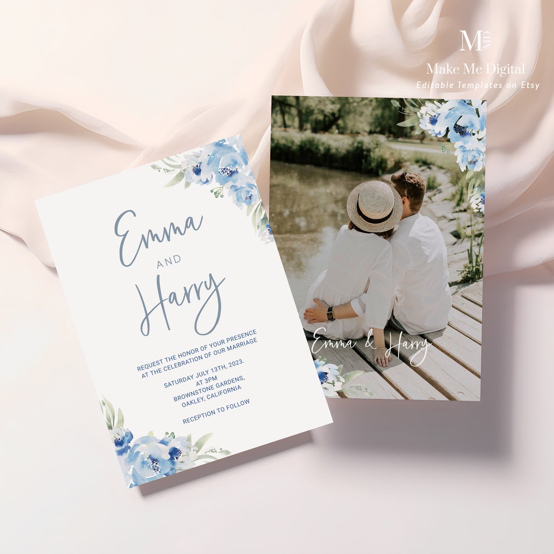 Pastel Blue Wedding Invitation, Rustic Floral Wedding Invite Editable ...