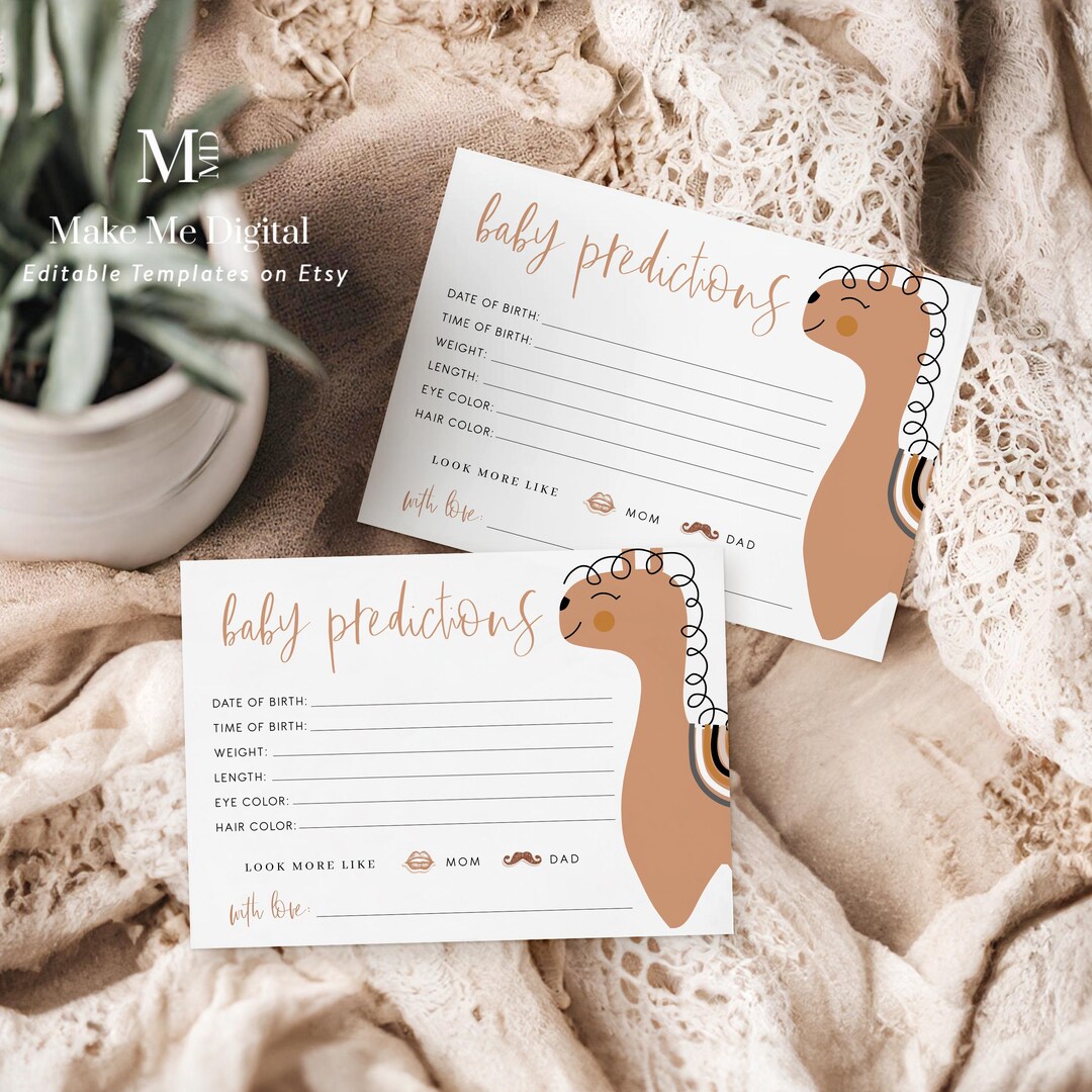 Boho Llama Baby Predictions Card, Bohemian Alpaca Baby Shower Keepsake ...