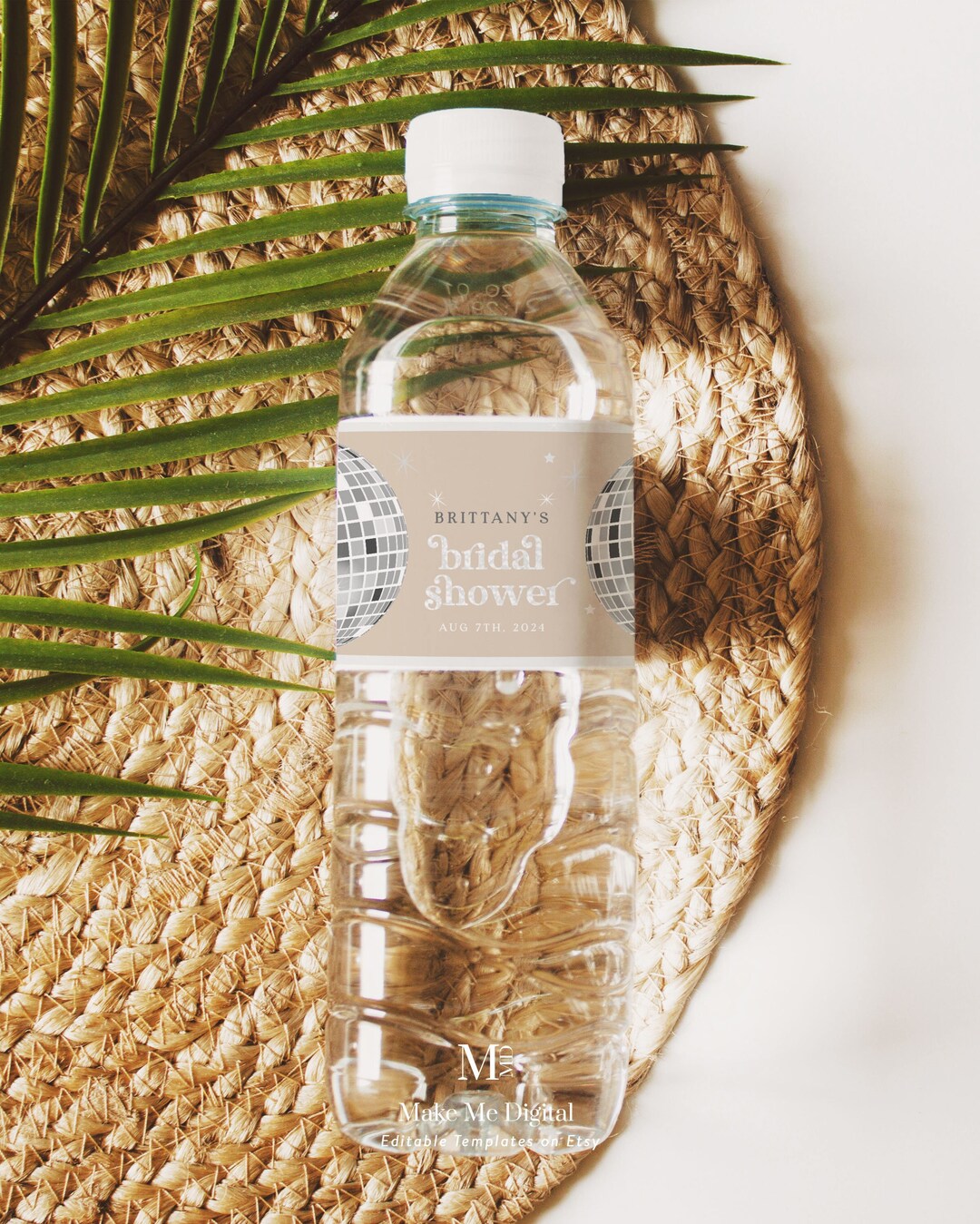 Disco Ball Water Bottle Label Bridal Shower, Silver Glitter Festival ...