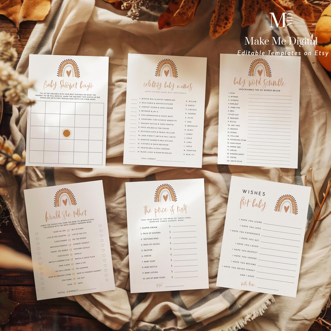 12 Boho Baby Shower Game Bundle, Baby Game Kit, Bohemian Rainbow Baby ...