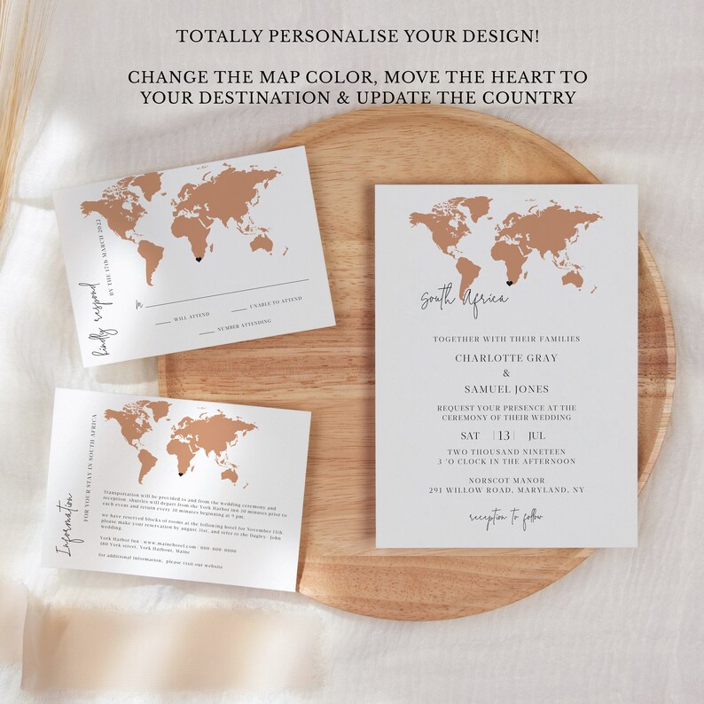 World Map Destination Wedding Invitation Rustic Wedding - Etsy