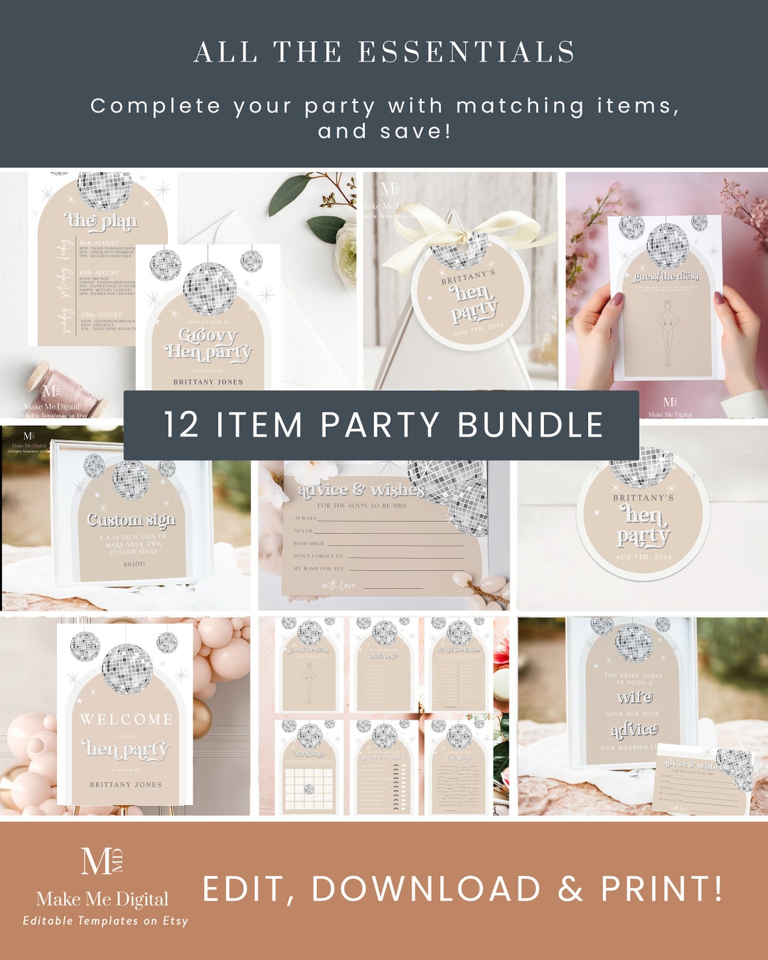 Disco Ball Diva Hen Party BUNDLE, Silver Glitter Festival Hen Do Invitation Printable, Editable ...