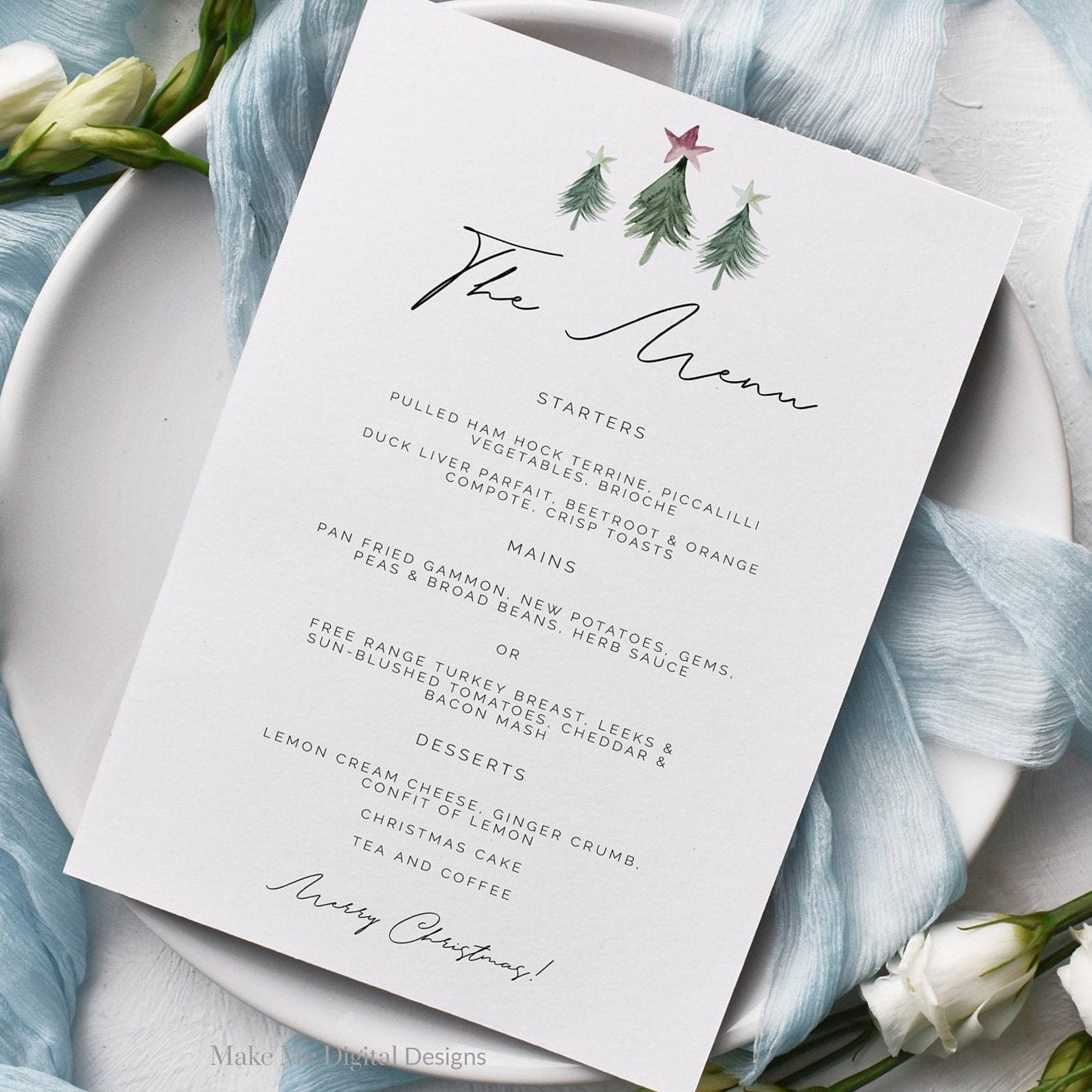 Christmas Dinner Menu Card, Printable Festive Menu Card Christmas Tree ...