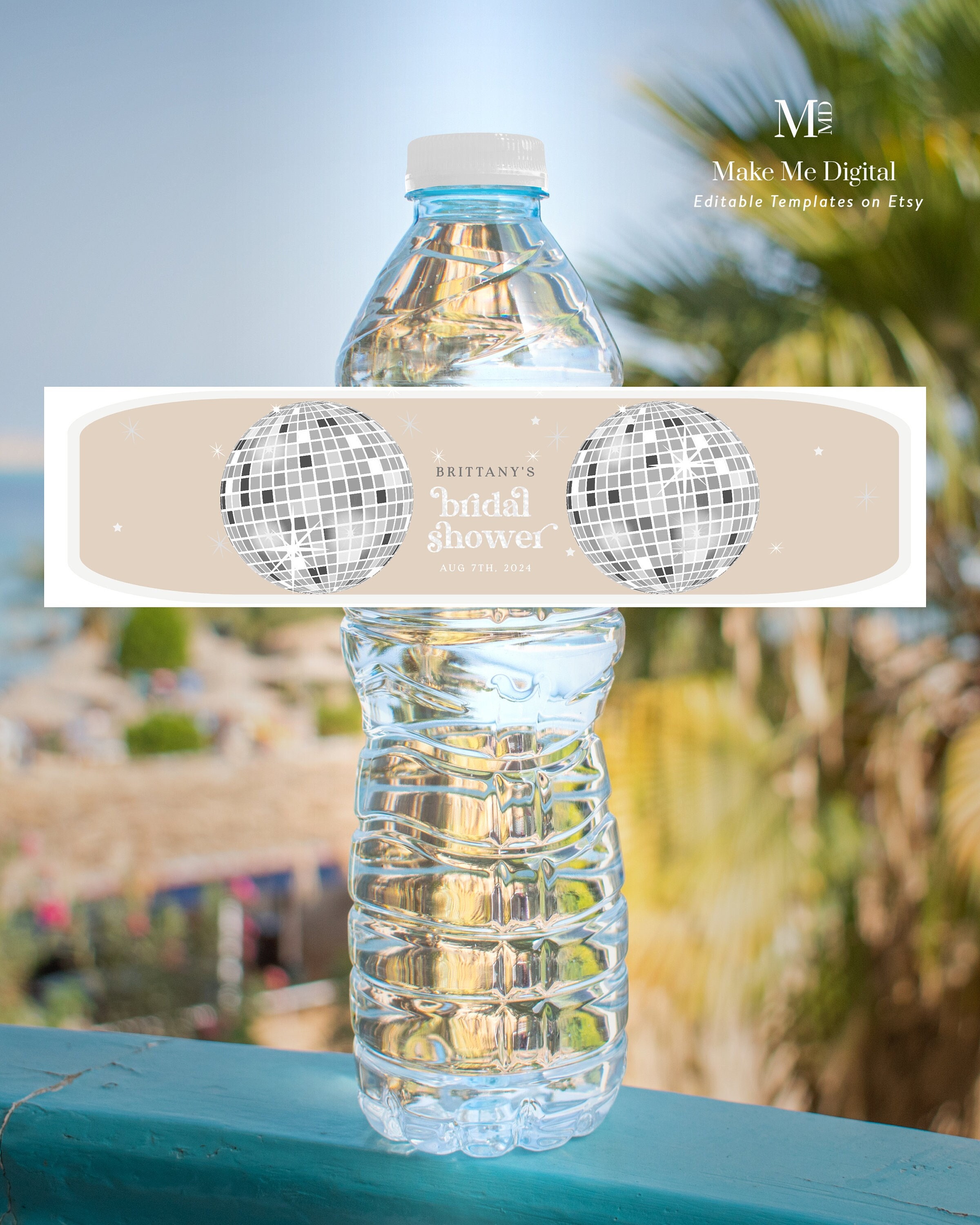Disco Ball Water Bottle Label Bridal Shower, Silver Glitter Festival ...