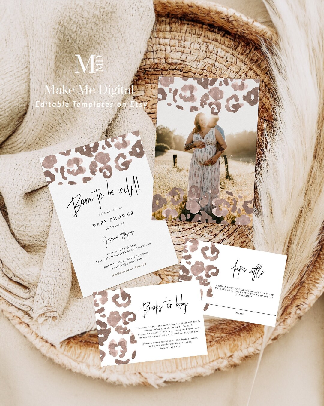 Leopard Print Baby Shower Invitation Set, Boho Brown Spots Born to Be ...