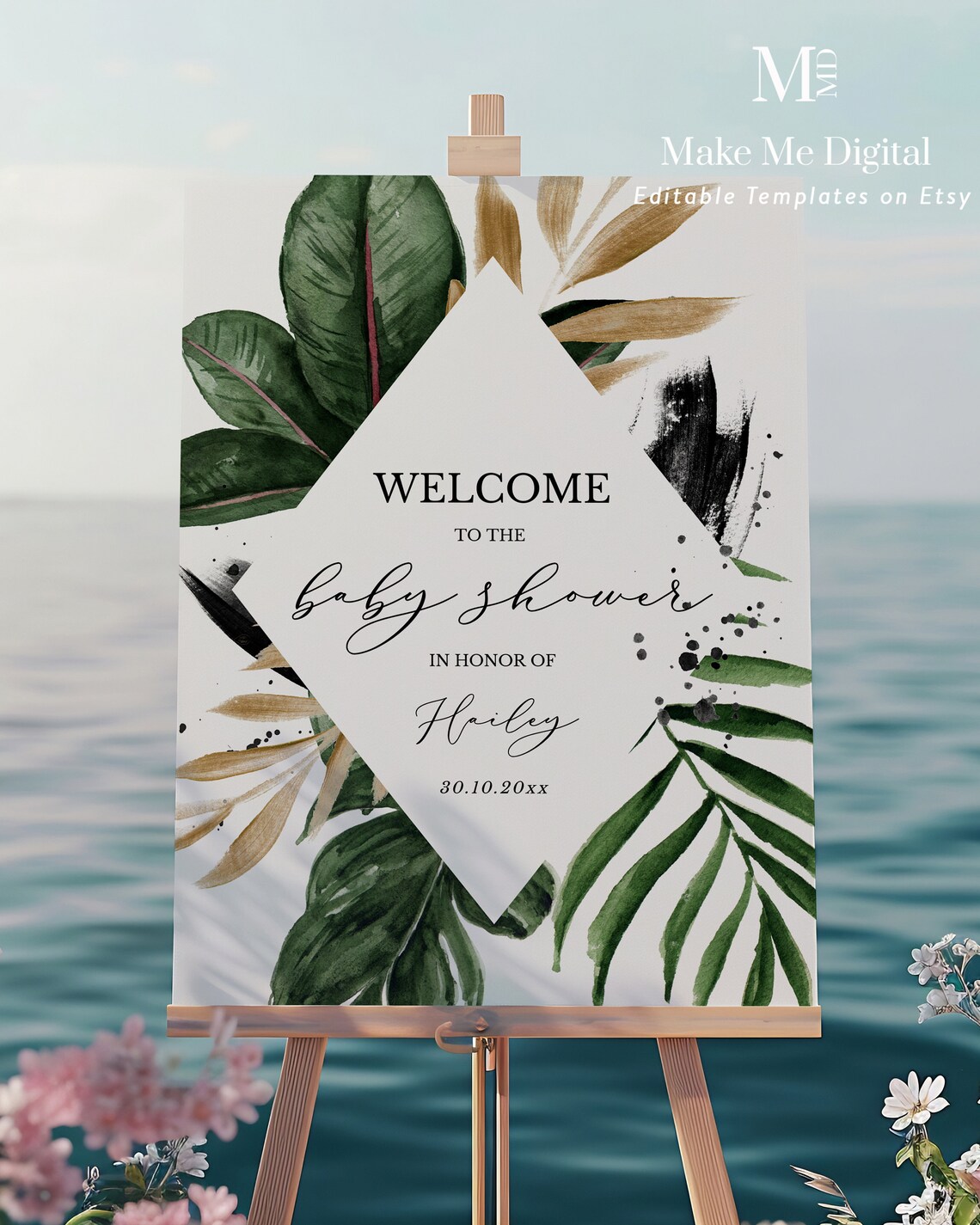 Tropical Leaves Baby Shower Welcome Sign, Editable Welcome Sign, Palm ...