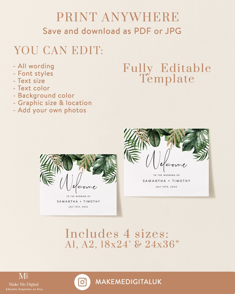 Editable Tropical Welcome Sign Template, Wedding Welcome Sign ...
