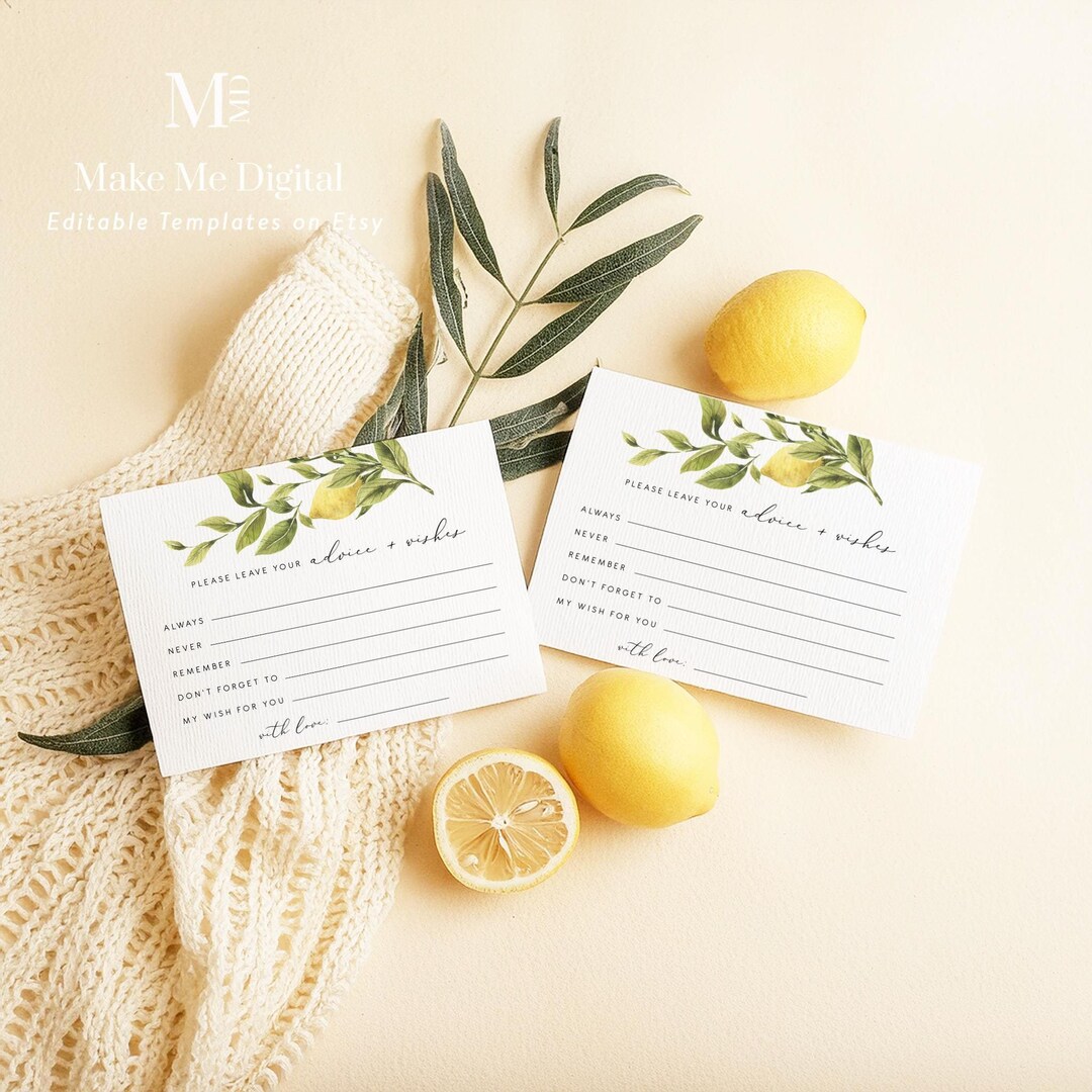 Yellow Lemon Bridal Shower Advice Card Template, Summer Advice for the ...