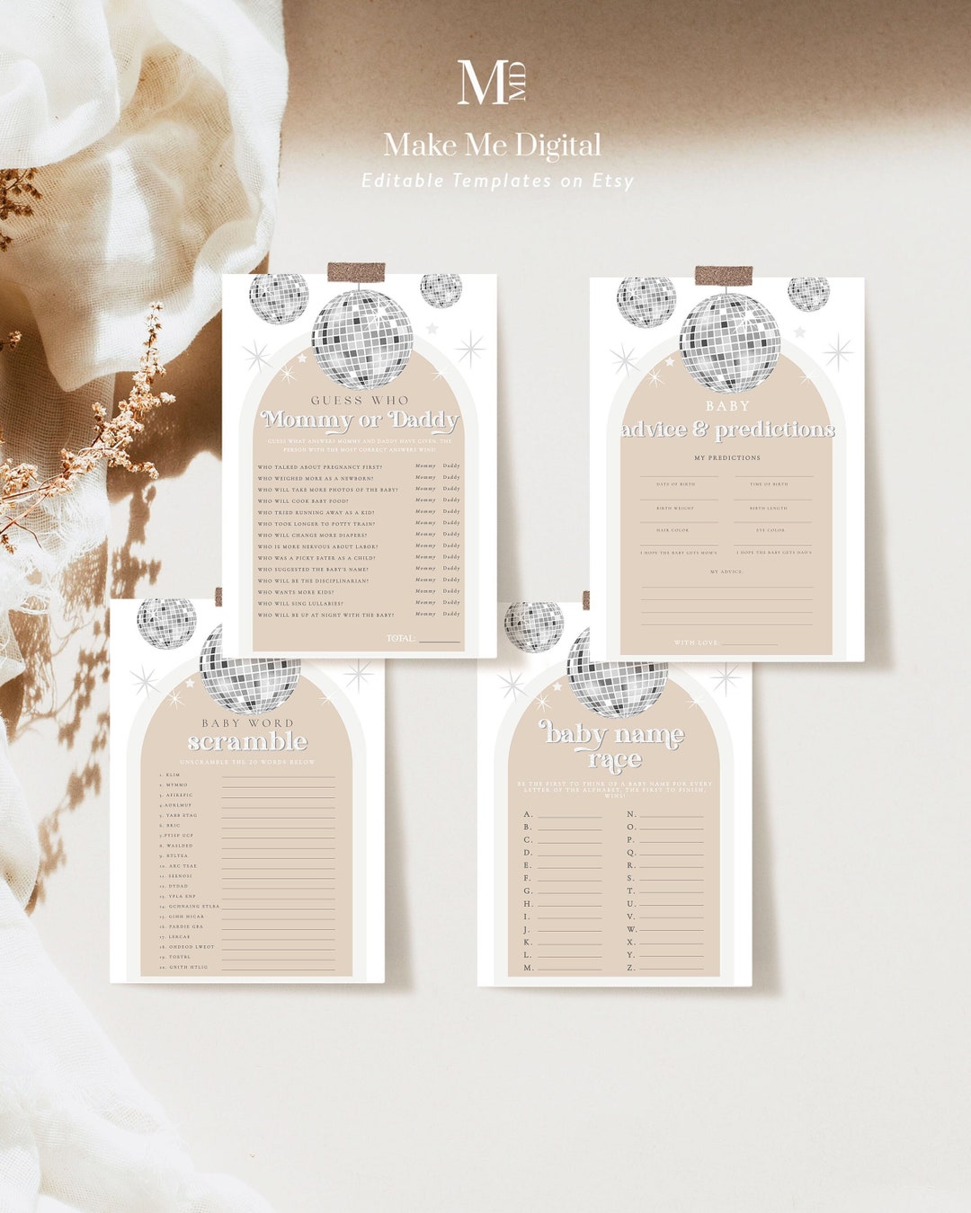 Disco Ball Diva Baby Shower Games, Silver Glitter Festival Baby Sprinkle Game Bundle Printable ...