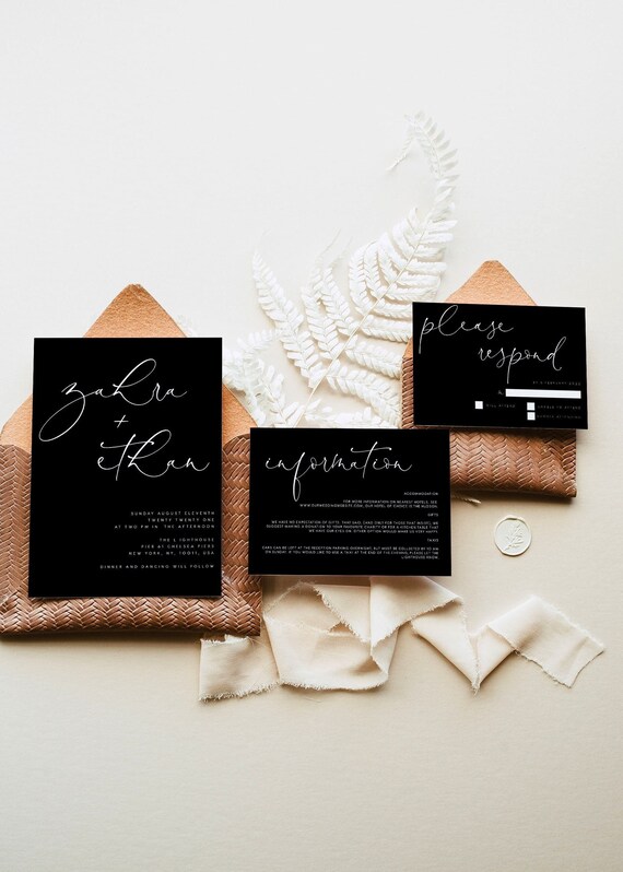 Modern Black Wedding Invitation Set Contemporary Dark Wedding | Etsy