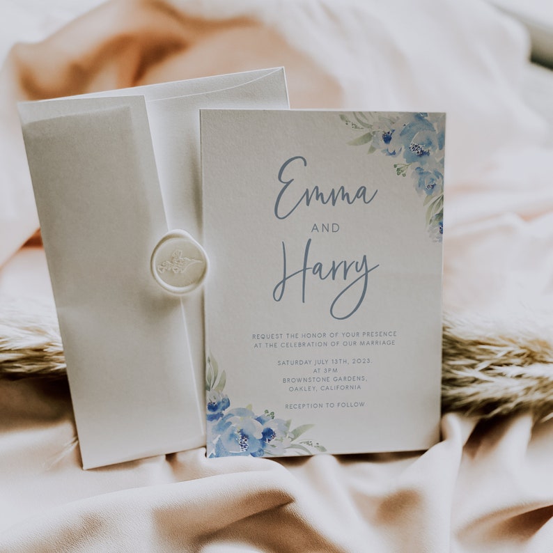Pastel Blue Wedding Invitation, Rustic Floral Wedding Invite Editable ...
