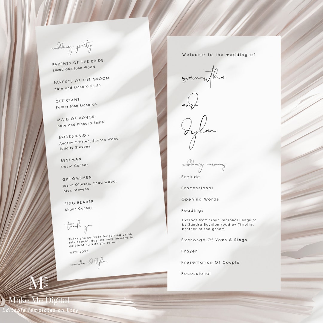Modern Wedding Ceremony Program Template , Printable Wedding Long ...
