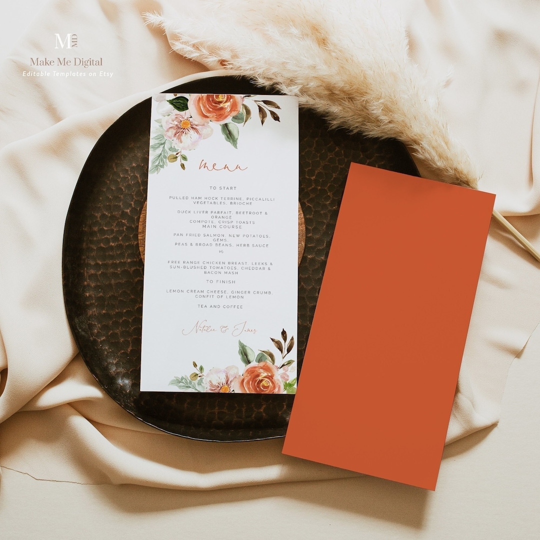 Burnt Orange Floral Wedding Menu Lets Eat, Rust Wedding Menu ,printable ...
