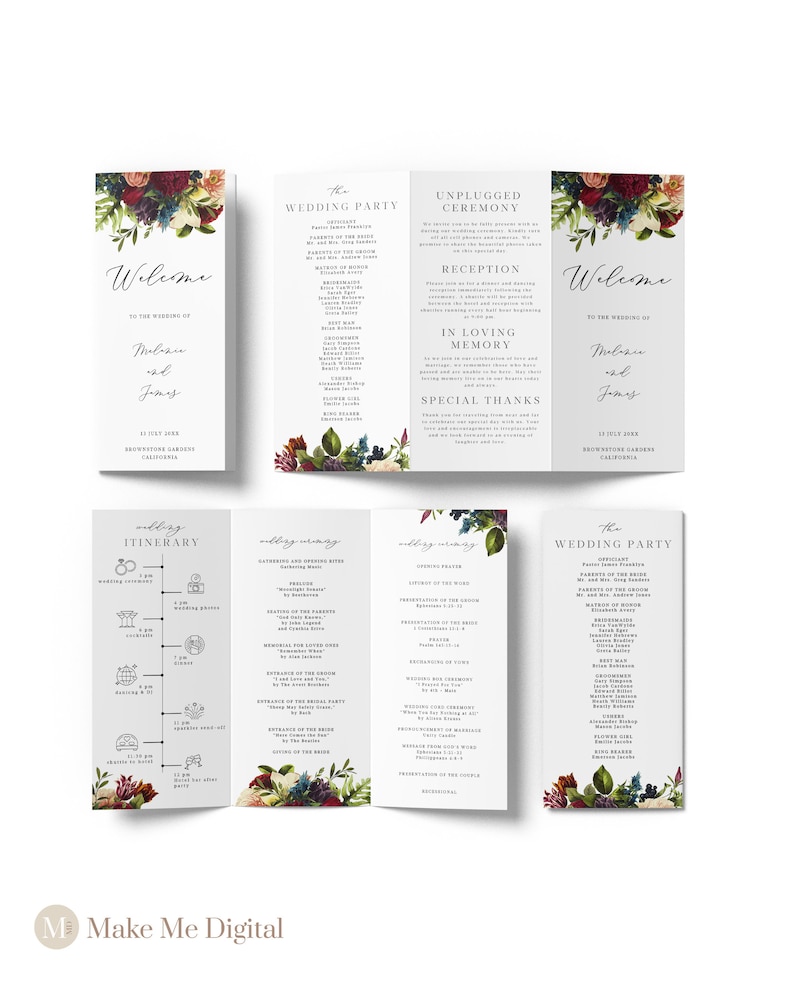 Burgundy Floral Wedding Trifold Program, Moody Autumn Wedding Timeline ...