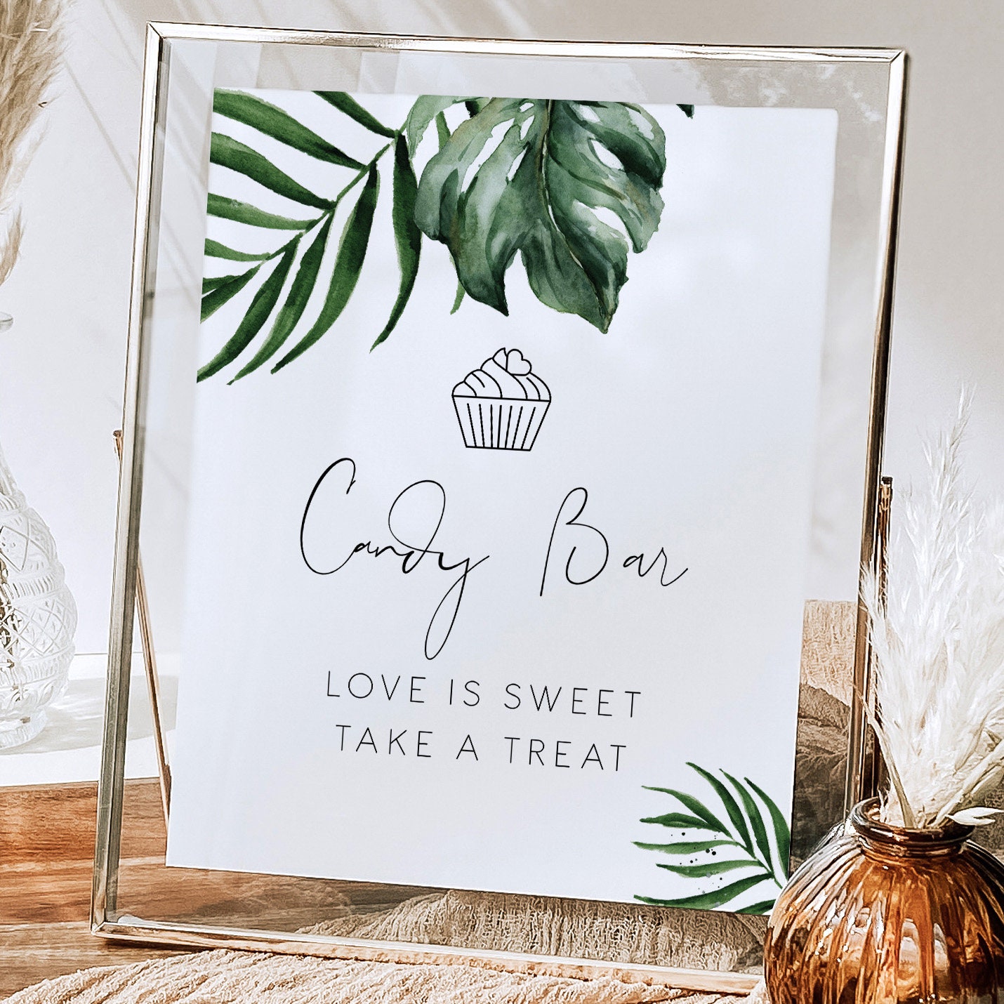 Tropical Candy Bar Table Sign Printable, Modern Monstera Candy Treat ...