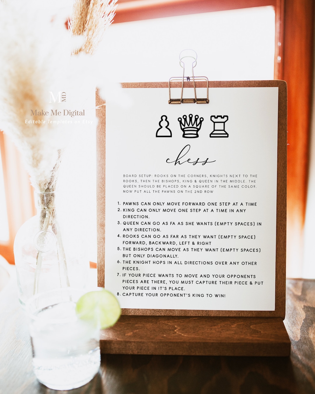 Elegant Calligraphy Chess Game Sign, Modern Chess Table Game Rules Sign ...