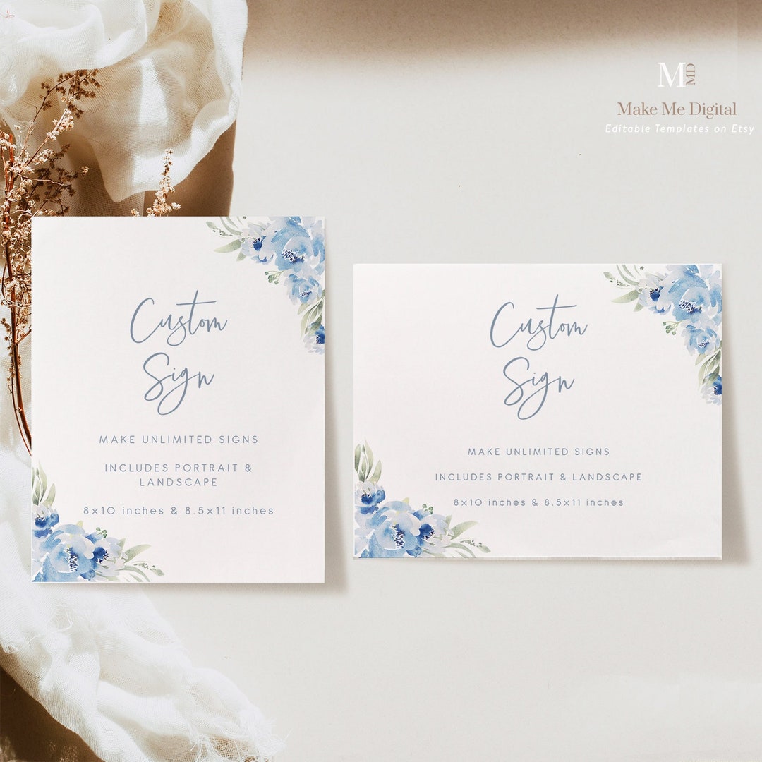 Pastel Blue Wedding Custom Signs, Rustic Floral Wedding Editable Make ...