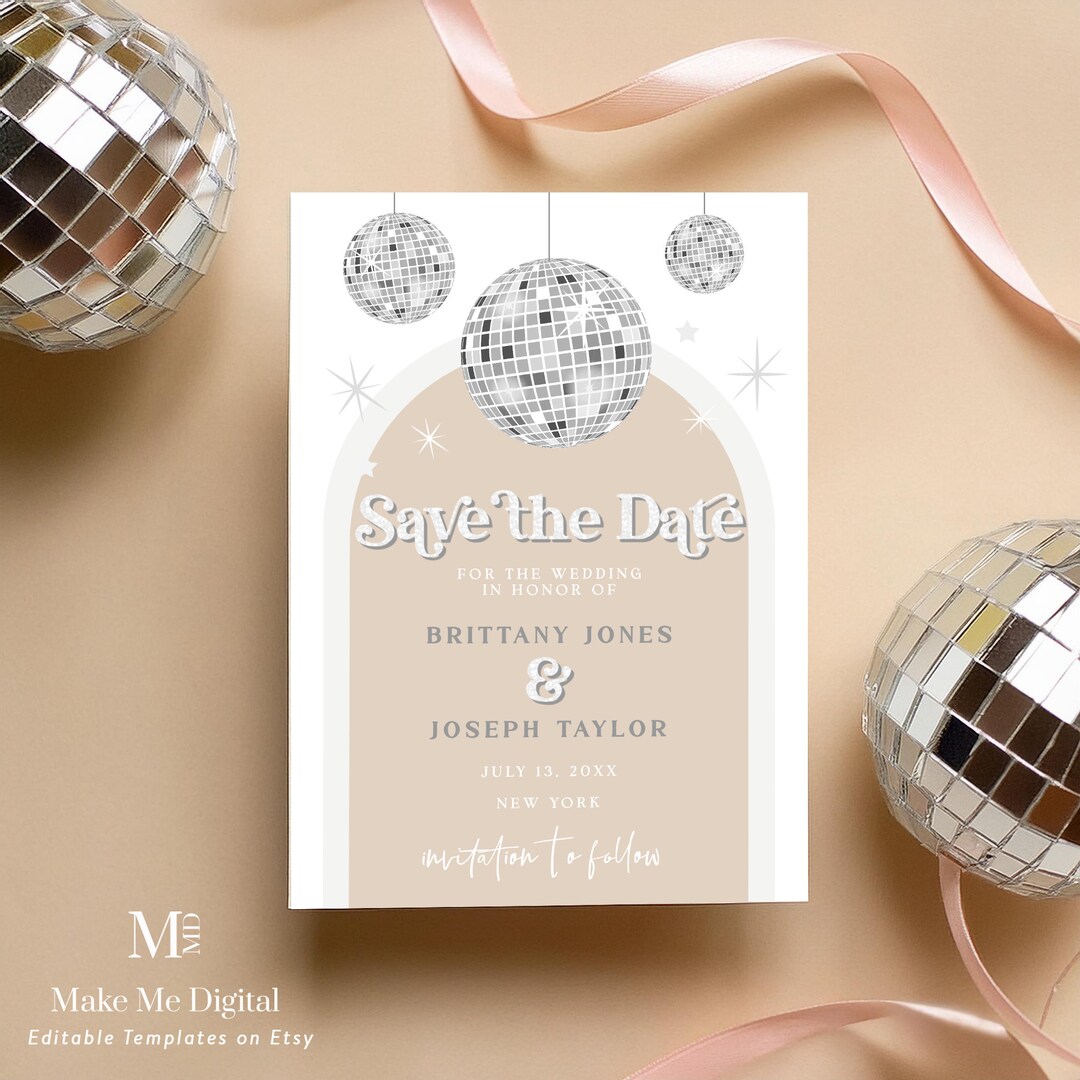 Disco Ball Save the Date Invitation, Silver Glitter Festival Wedding ...