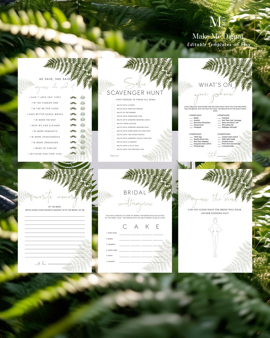 12 Fern Leaf Bridal Shower Game Set, Fern Bridal Shower Games, Woodland ...