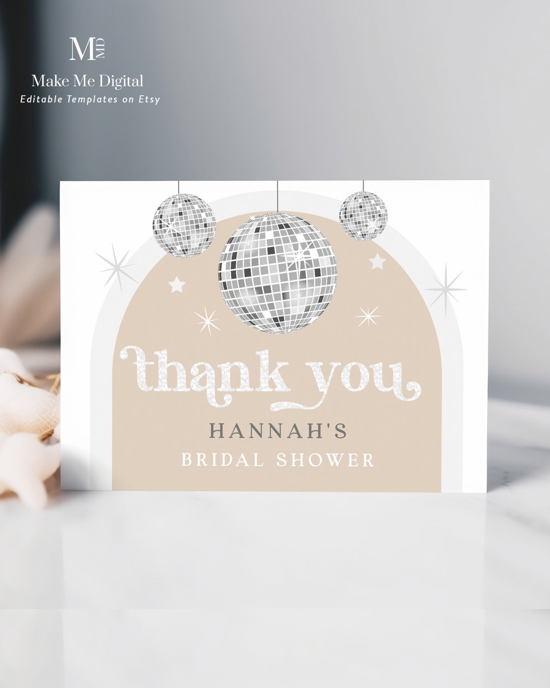 Disco Ball Diva Thank You Card, Silver Glitter Festival Hen Do Thank You Note Printable ...