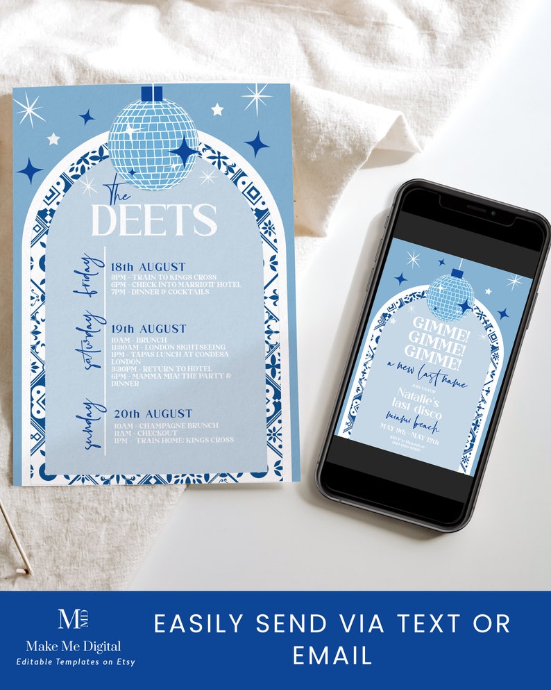 Blue Tile Mamma Mia Hen Party Weekend Invitation, Musical Themed Hen ...