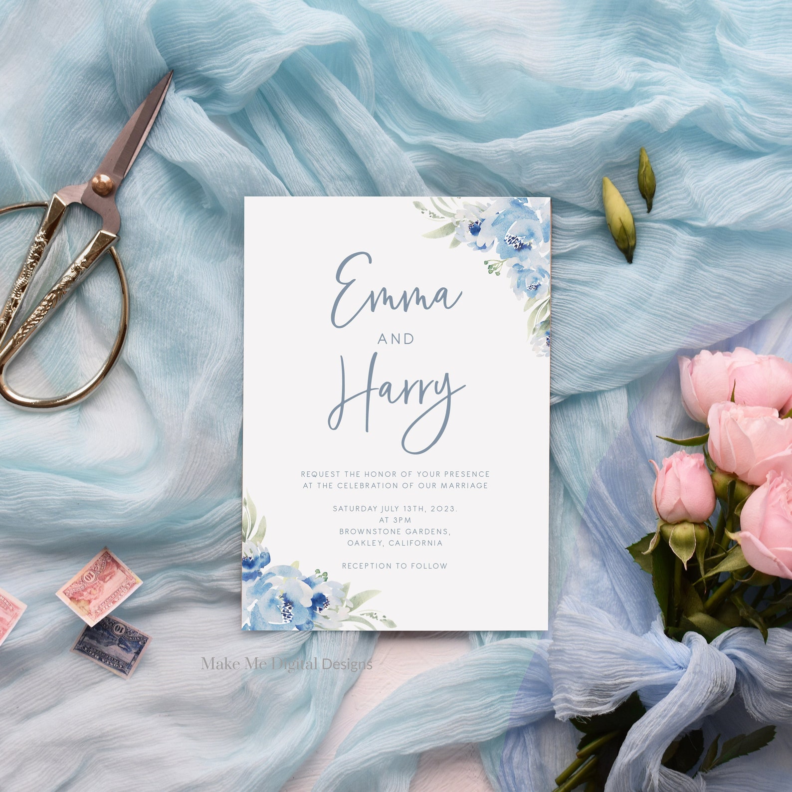 Pastel Blue Wedding Invitation, Rustic Floral Wedding Invite Editable ...