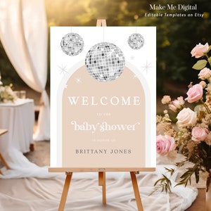 Disco Ball Diva Baby Shower Welcome Sign, Silver Glitter Festival Disco Baby Easel Sign ...