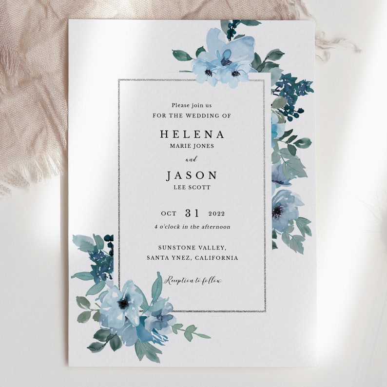 Blue Floral Wedding Invitation Rustic Wedding Invitation - Etsy
