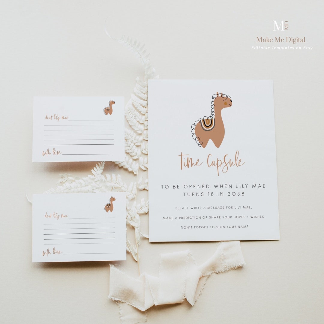 Boho Rainbow Llama Time Capsule Template, Bohemian Alpaca Baby Shower ...