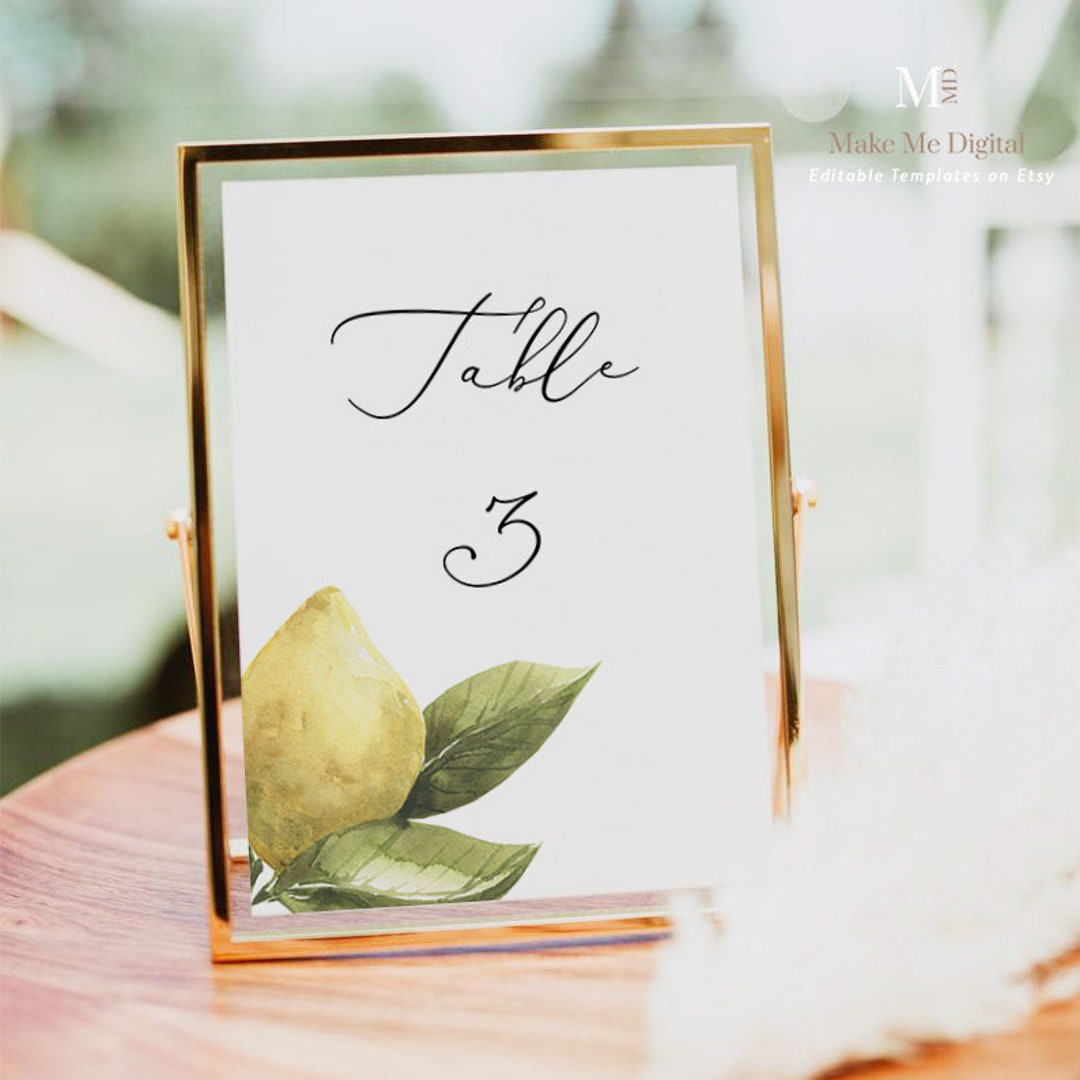 Yellow Lemon Table Number, Printable Wedding Table Number Template ...