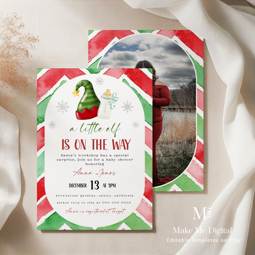 A Little Elf is Almost Due Baby Shower Invitation Template - Red and ...