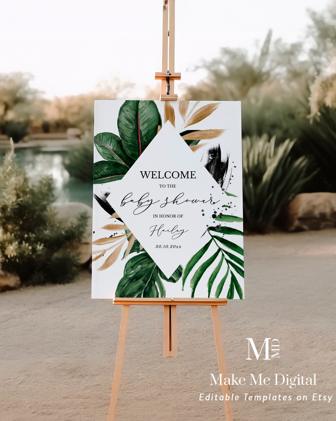 Tropical Leaves Baby Shower Welcome Sign, Editable Welcome Sign, Palm ...