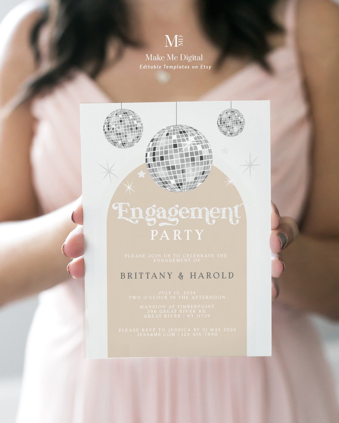 Disco Ball Diva Engagement Party Invitation, Silver Glitter Festival ...