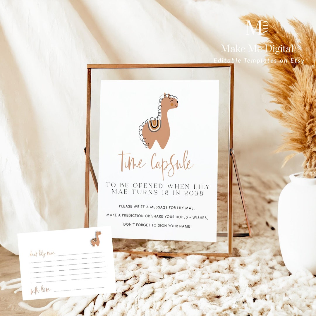 Boho Rainbow Llama Time Capsule Template, Bohemian Alpaca Baby Shower ...