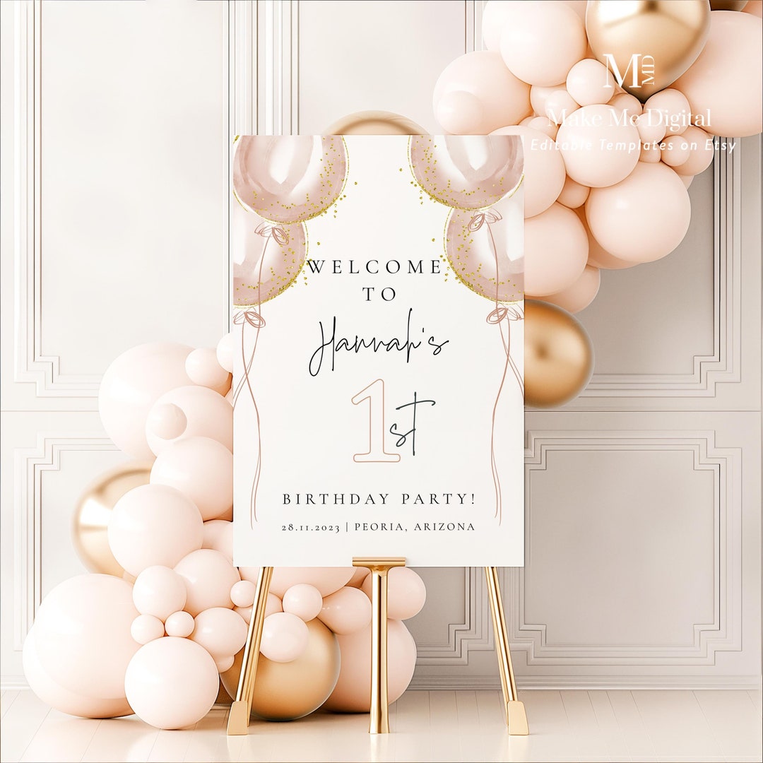 Pink Balloon First Birthday Welcome Sign, Delicate Girl 1st Welcome ...