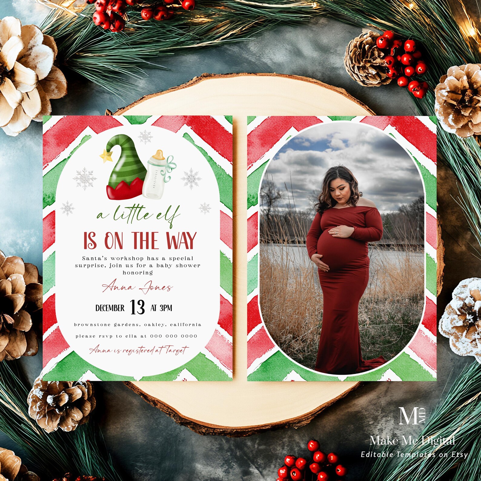 A Little Elf is Almost Due Baby Shower Invitation Template - Red and ...